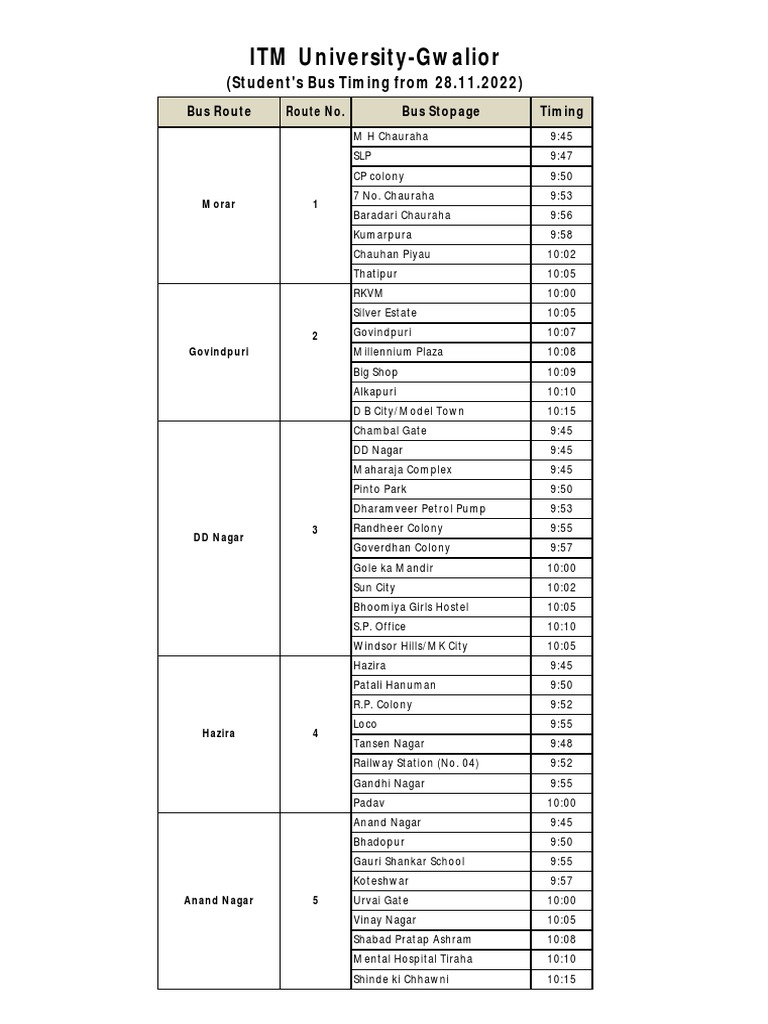 Bus Route Chart | PDF
