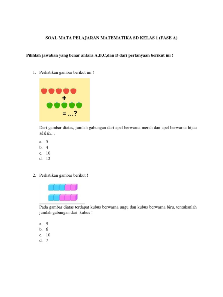 Soal Mata Pelajaran Matematika SD Kelas 1 | PDF