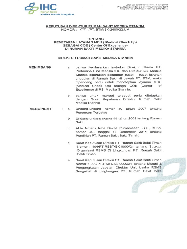 SK 010 2022 UM Penetapan Layanan Mcu Sebagai Coe Di Rumah Sakit Medika ...