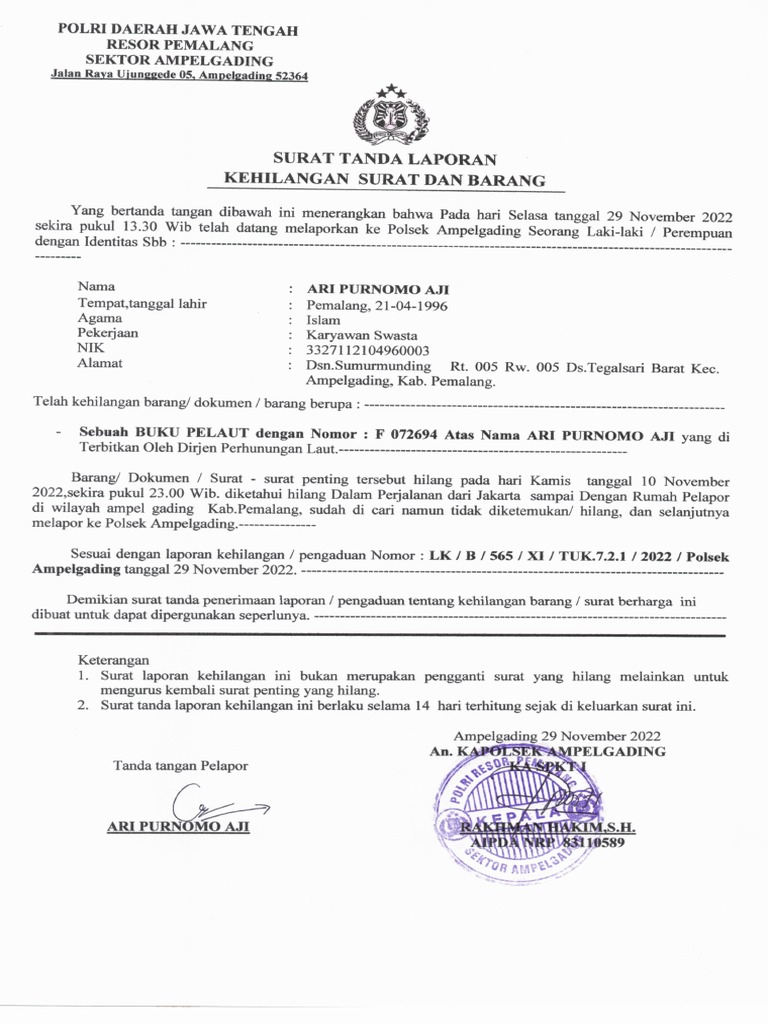 Surat Kehilangan Ari Purnomo Aji | PDF