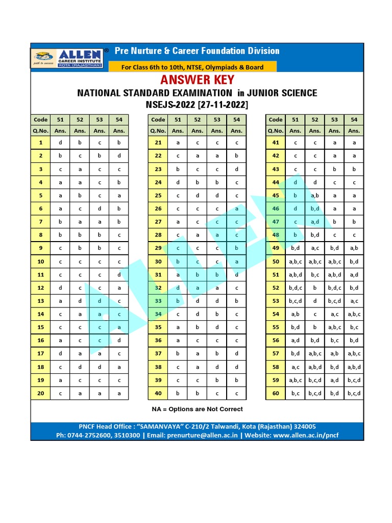 NSEJS 2022 Answer Key | PDF