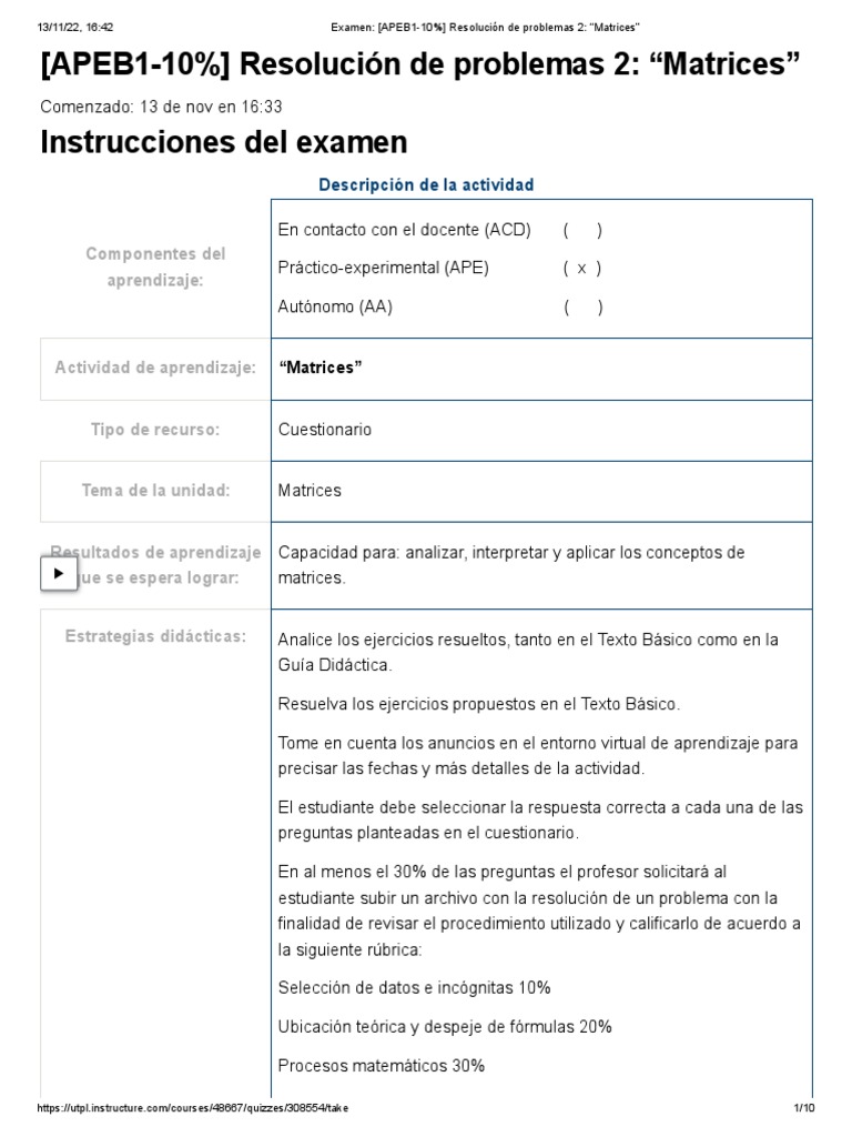 Examen de Matrices: Resolución de Problemas | PDF | Prueba (evaluación) | Matriz (Matemáticas)