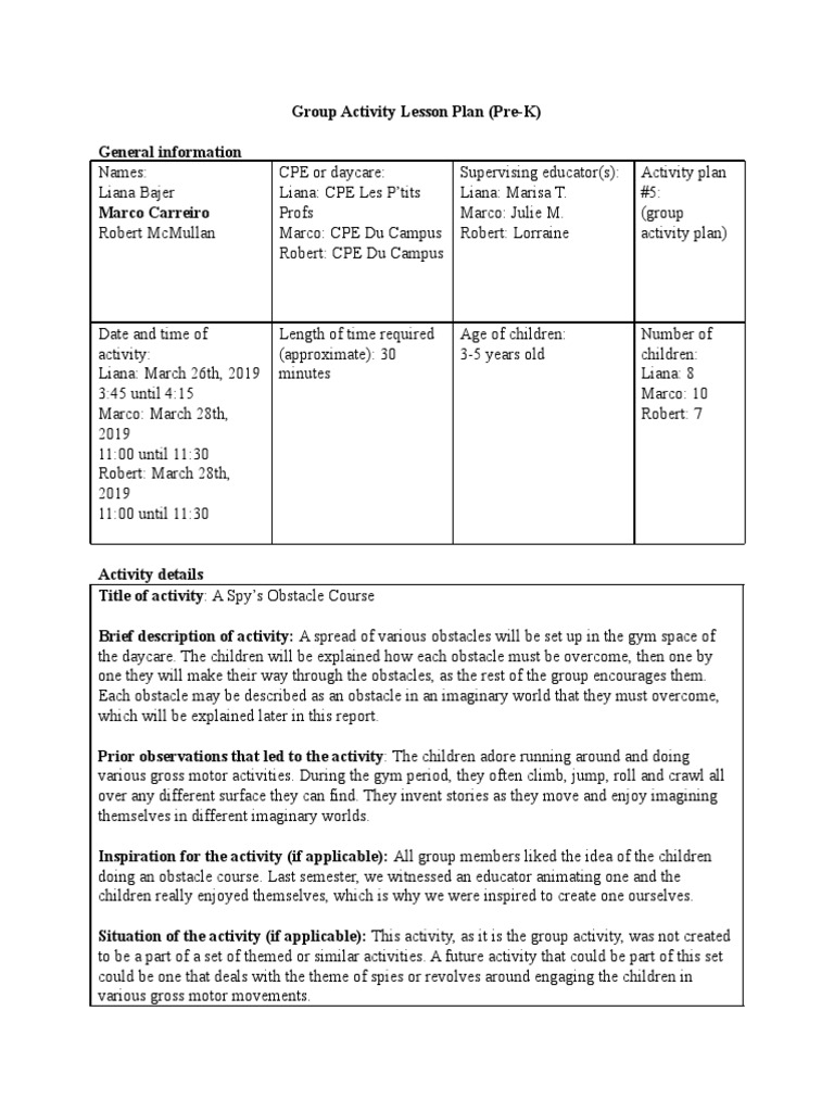 Group Activity Plan | PDF | Teachers | Language Development