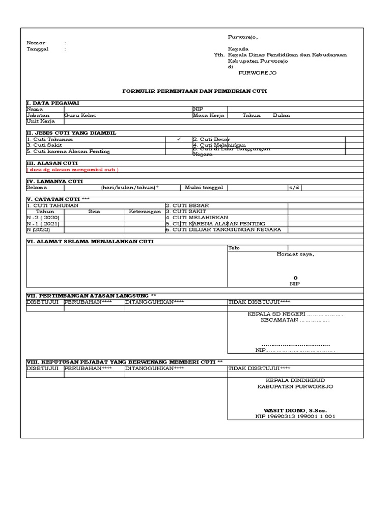 Form Cuti Pns (Contoh) | PDF