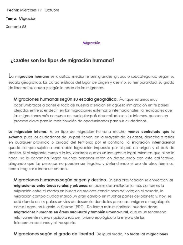 Tipos y Clasificación de la Migración | PDF | Migración humana ...