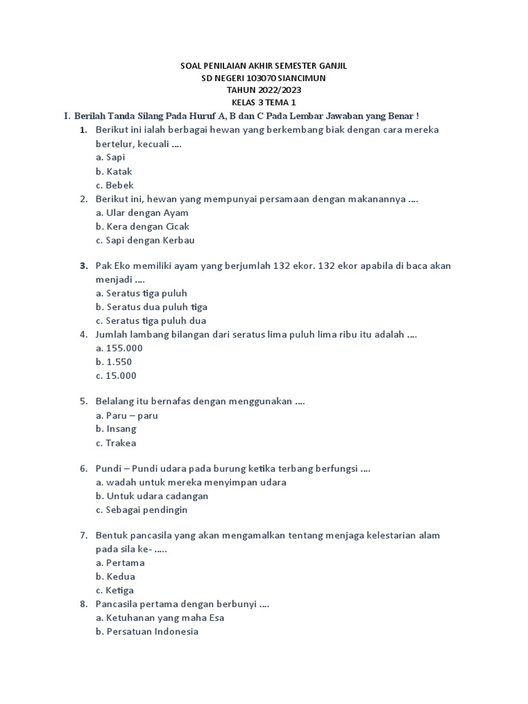 Soal PAS Kelas 3 Semester 1 | PDF