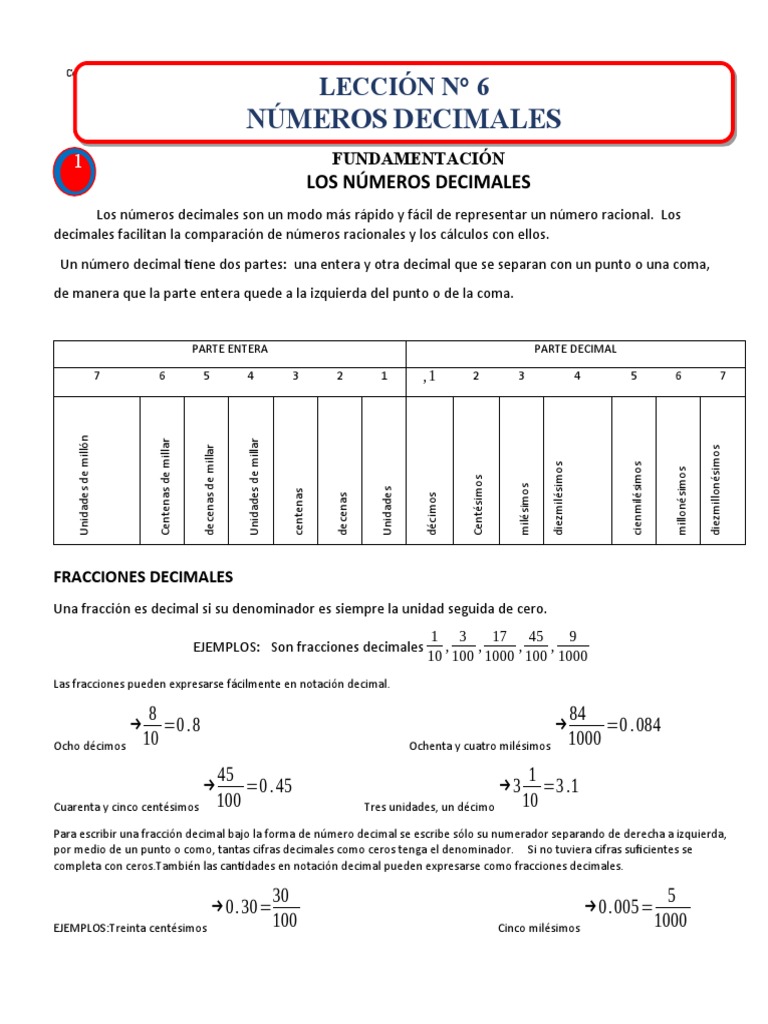 Conjunto de Números Decimales. Séptimo | PDF | Números | Decimal