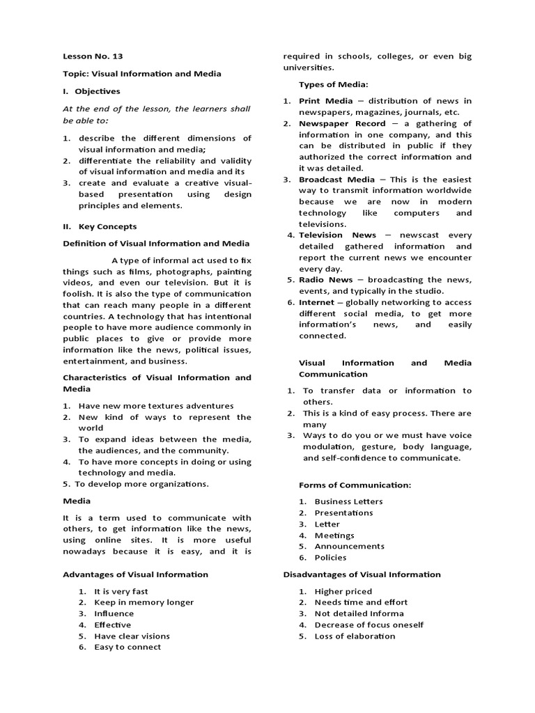 Lesson No. 13 Visual Information and Media | PDF | Media (Communication ...