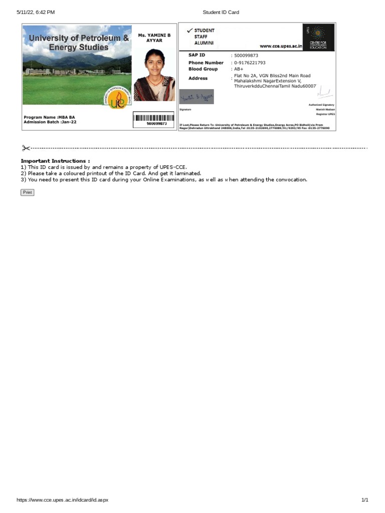 Upes Cce Mba My Id Card | PDF