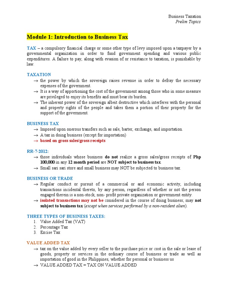 Business Tax Reviewer | PDF | Value Added Tax | Taxes
