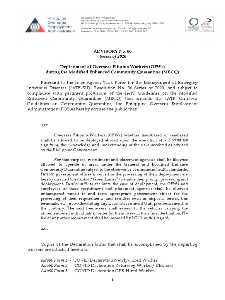 POEA Advisory No 60 (Newly Hired) | PDF | Law