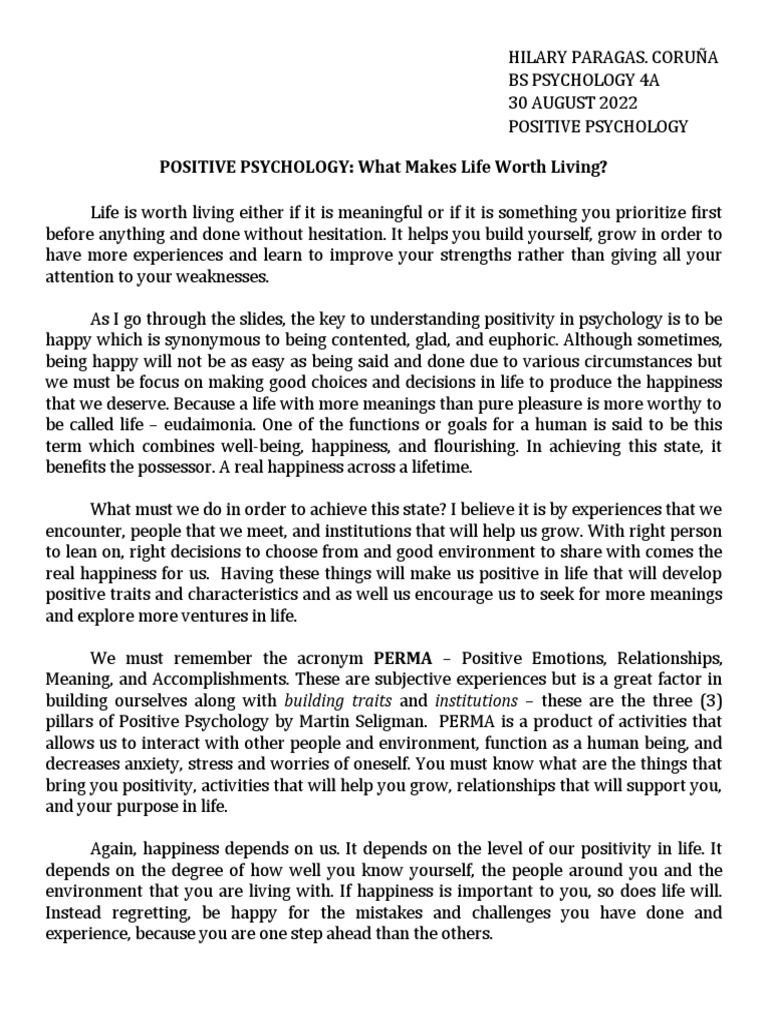 Reflection Paper For Positive Psychology | PDF | Happiness | Positive ...