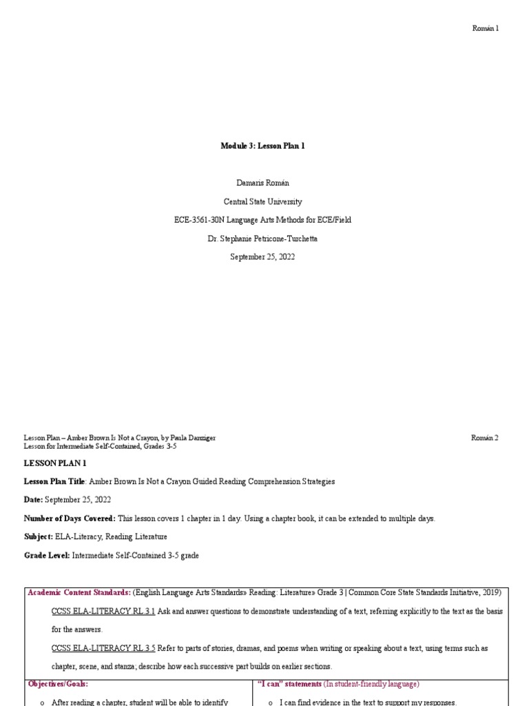 Lesson Plan 1 Ela Methods | PDF | Reading Comprehension | Lesson Plan