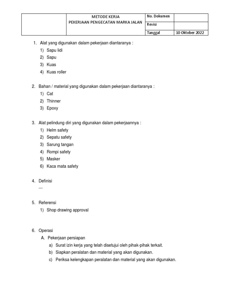METODE PELAKSANAAN PEKERJAAN Pengecatan Marka Jalan | PDF