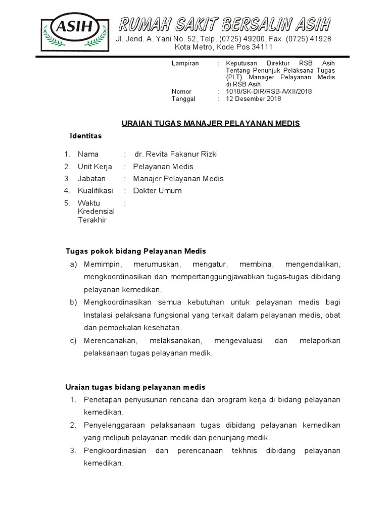 Uraian Tugas Manajer Pelayanan Medis | PDF | Kesehatan Holistik