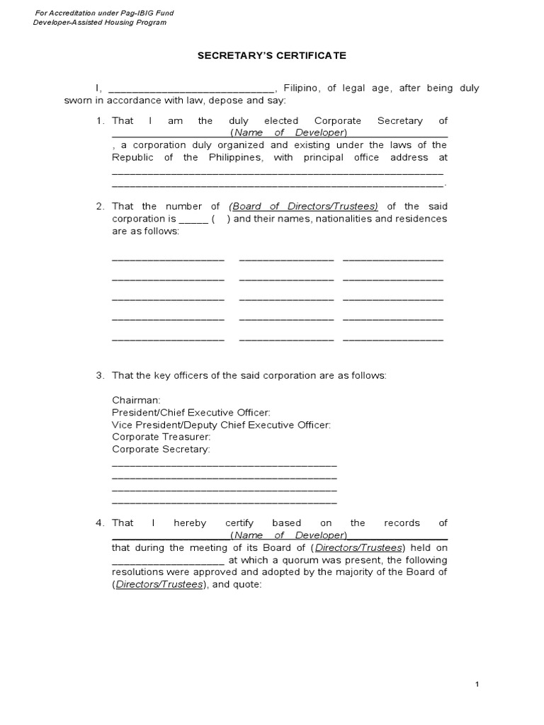 Secretary's Certificate (Template) | PDF | Notary Public | Deed