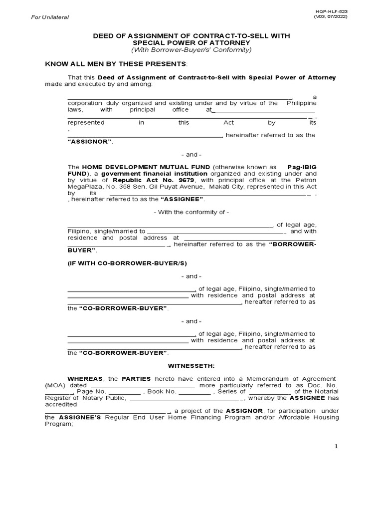 HLF523 DeedAssignmentCTSSPAUnilateral V03 | PDF | Assignment (Law) | Property