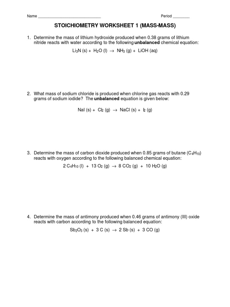 Stoichiometry Mass-Mass Calculations Worksheet | PDF | Science ...