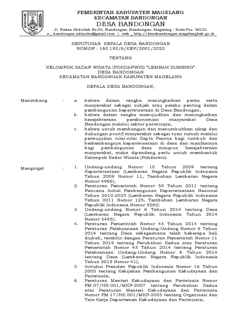 Keputusan Kepala Desa Bandongan 6-2022 Tentang Pembentukan POKDARWIS | PDF