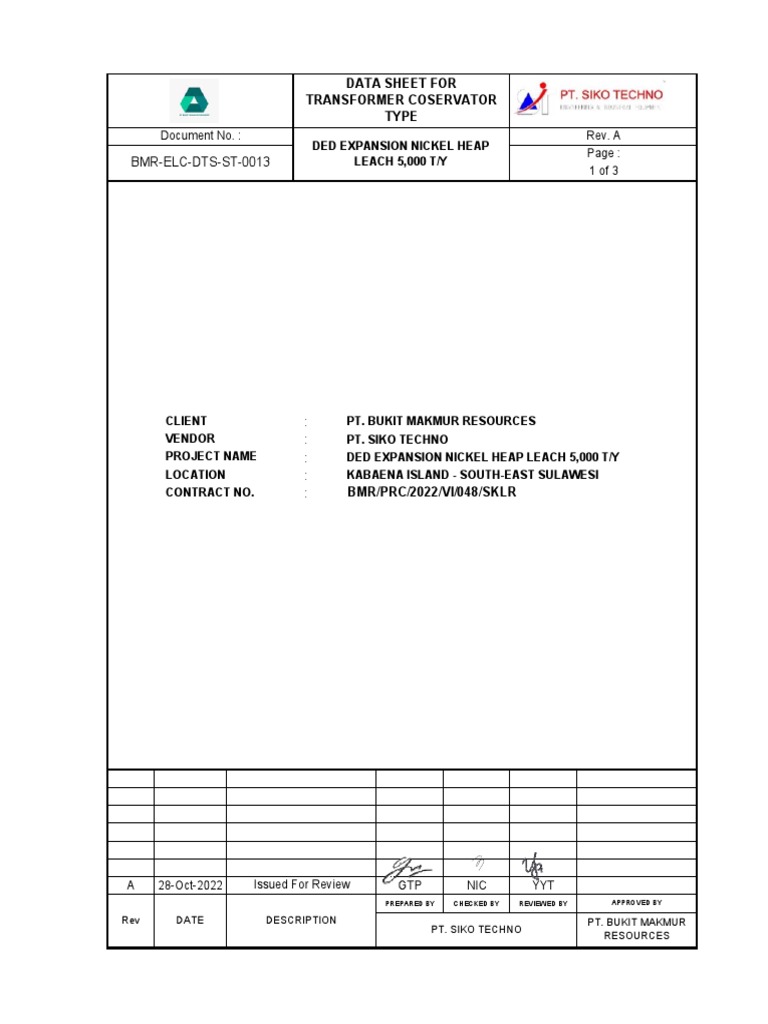 Bmr-Elc-Dts-St-0013 Ra Data Sheet of Transformer Conservator Type | PDF ...