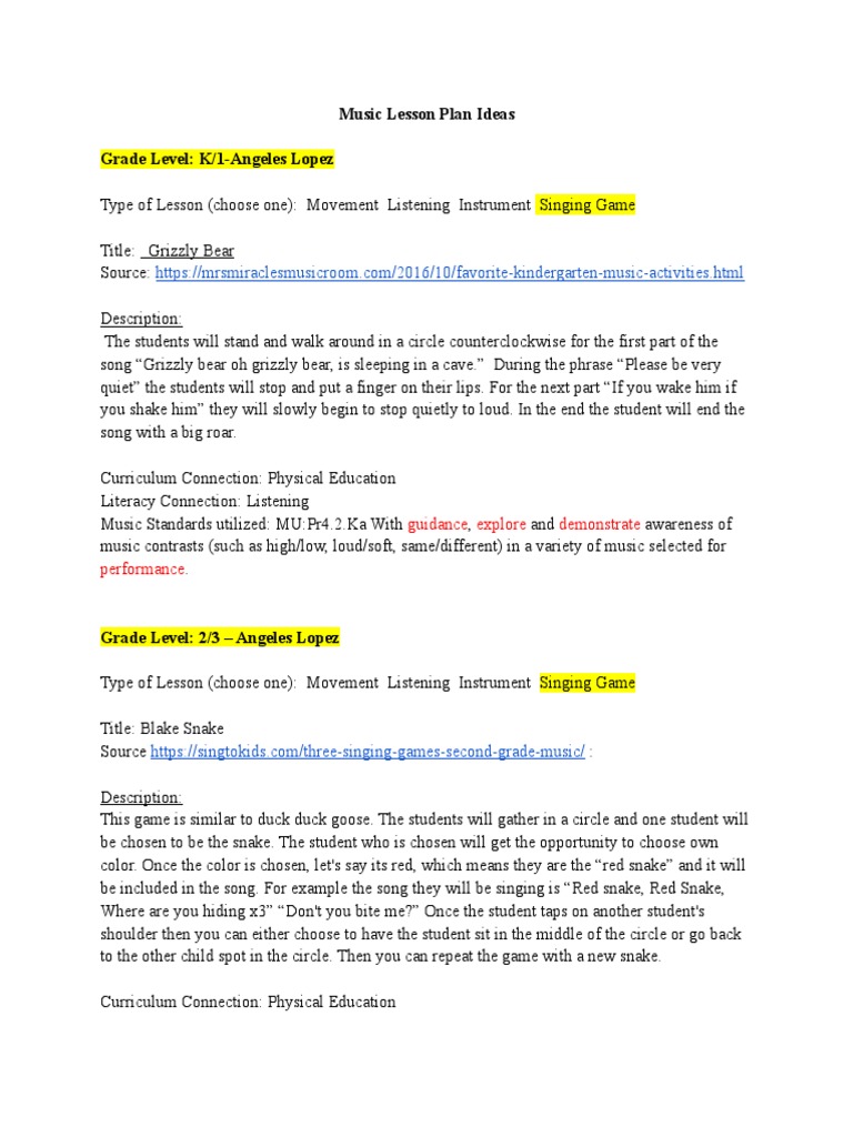 Music Lesson Plan Ideas-Songs | PDF | Curriculum | Literacy