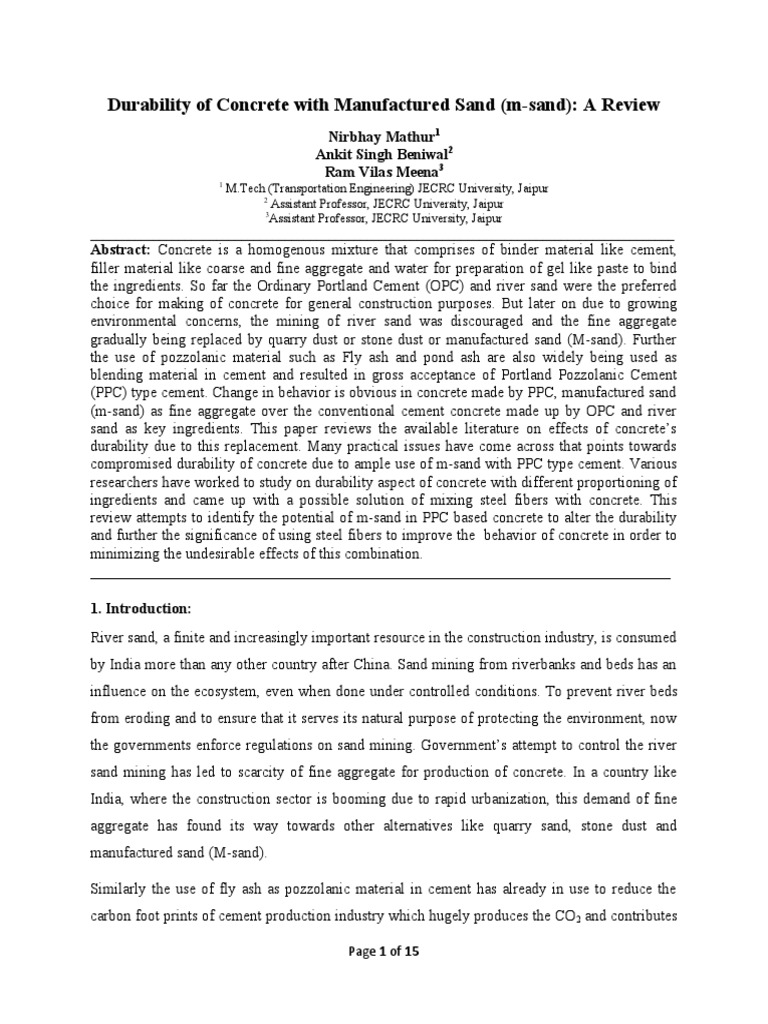A Review On Effect Of Manufactured Sand M Sand And Steel Fibers On Cement Concrete Pdf