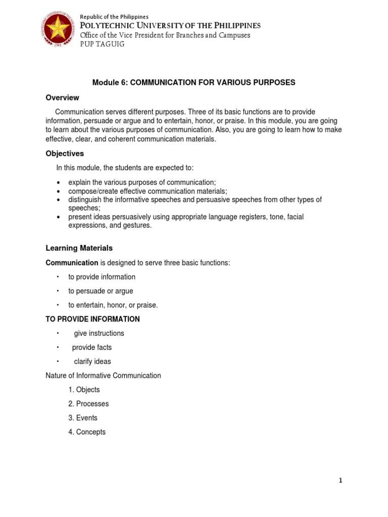 Communication for Various Purposes Module | PDF | Public Speaking ...