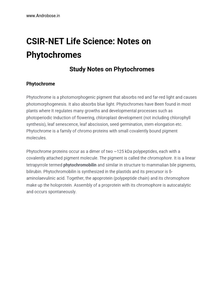 CSIR-NET Life Science - Notes On Phytochromes | PDF | Biology | Chemistry