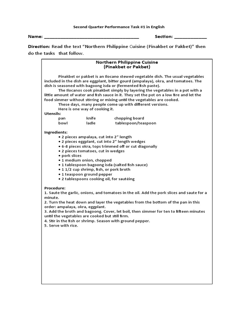 2nd Quarter Performance Task #1 | PDF | Eggplant | Food Ingredients