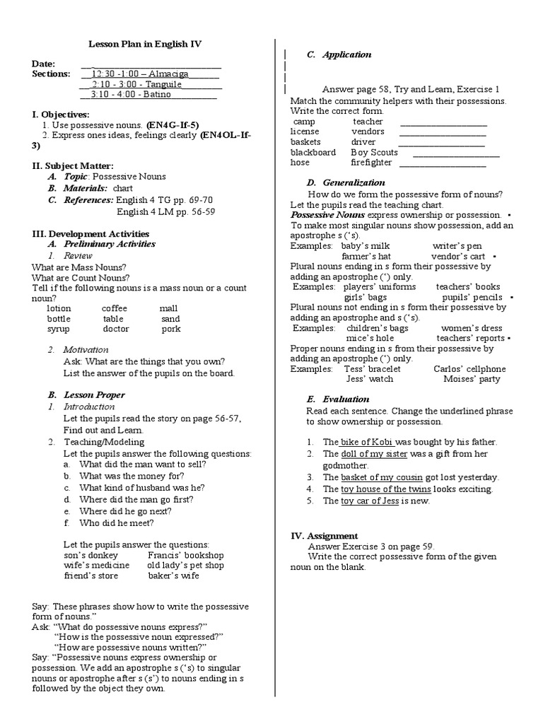 Possessive Nouns Lesson Plan | PDF | Noun | Linguistic Morphology