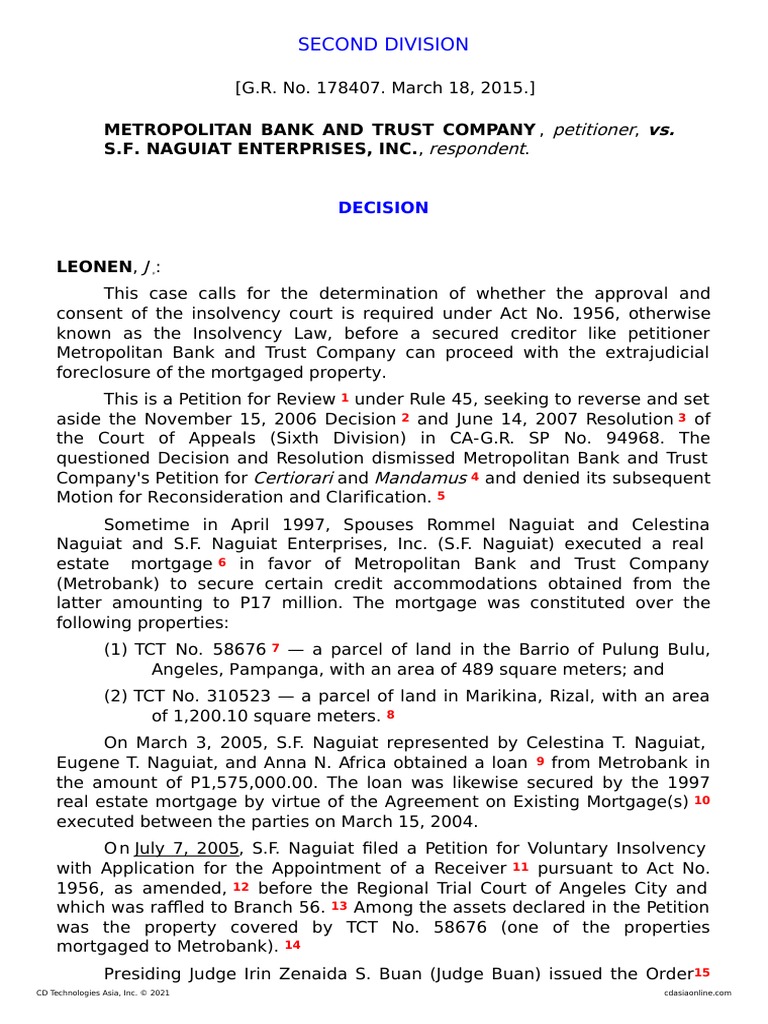 Metropolitan Bank and Trust Company vs. S.F. Naguiat Enterprises, Inc ...