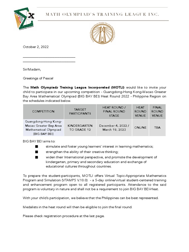 BIG BAY BEI Math Olympiad 2022 Invitation | PDF