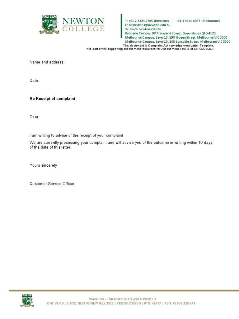 Complaint Acknowledgement Letter Template | PDF