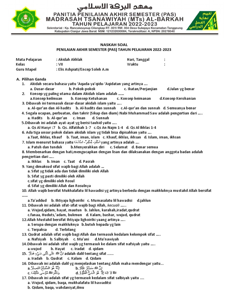 Soal PAS Akidah Akhlak Kelas VII | PDF