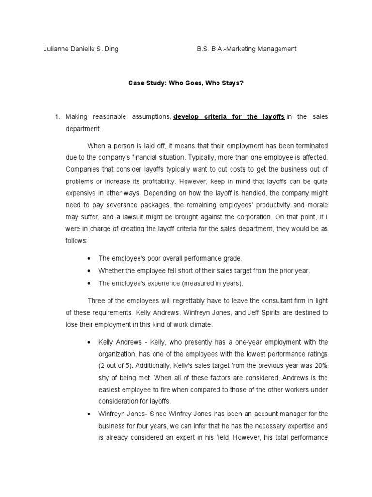 Case Study-Who Goes, Who Stays - Julianne Ding | Download Free PDF | Layoff | Employment