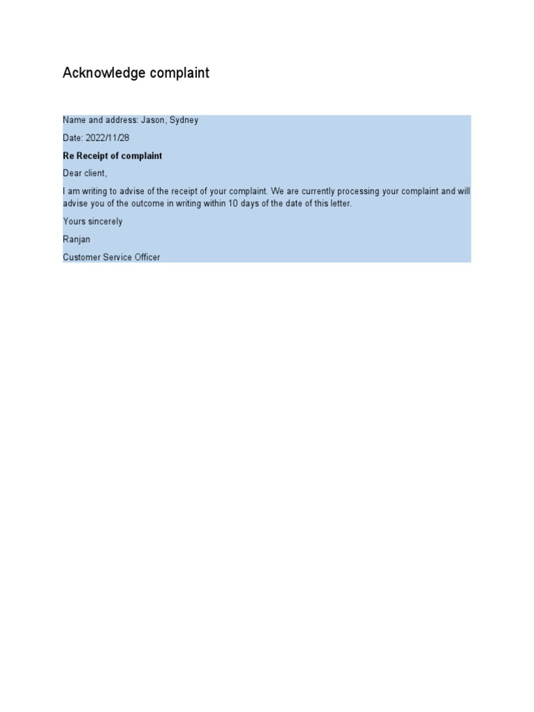 Complaint Acknowledgement Letter | PDF