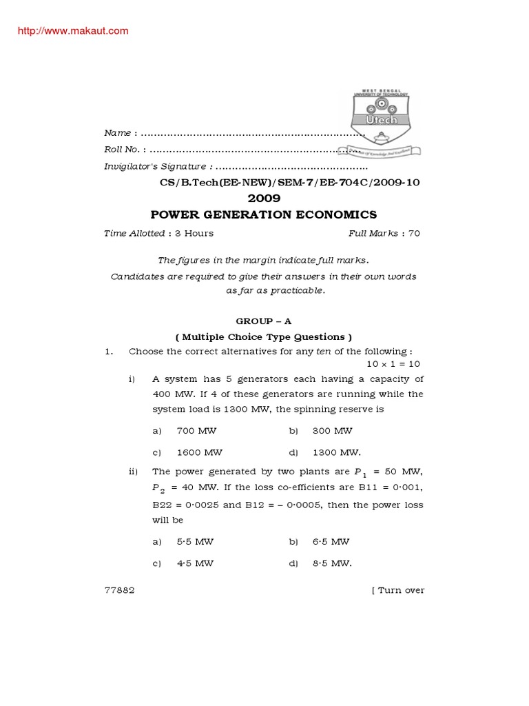 Btech Ee 7 Sem Power Generation Economics s3 2009 | PDF | Electric ... Btech Ee 7 Sem Power Generation Economics s3 2009 | PDF | Electric ...