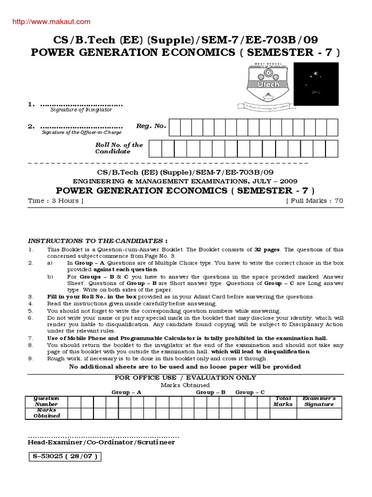 Btech Ee 7 Sem Power Generation Economics v2 2009 | PDF