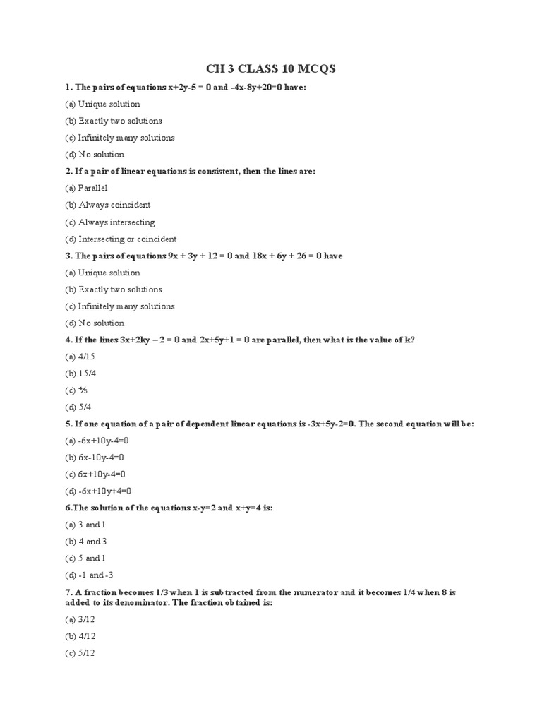 CH 3 MCQ'S | PDF | Equations | System Of Linear Equations