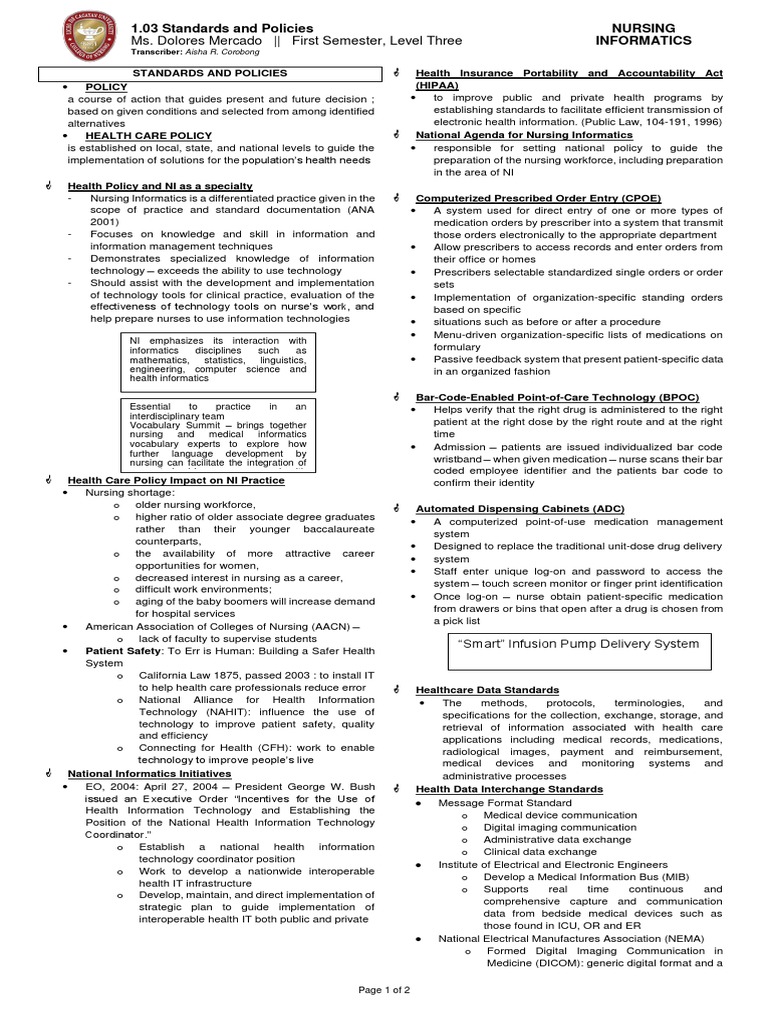NURSING INFORMATICS - Standards and Policies | PDF | Health Informatics ...