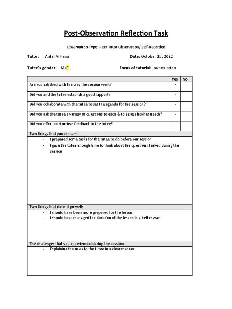Blank Reflection Form - Anfal Al Farsi | PDF | Career & Growth | Language Arts & Discipline