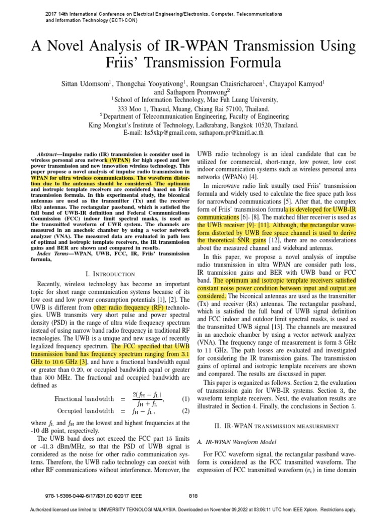 A Novel Analysis of IR-WPAN Transmission Using Friis Transmission ...