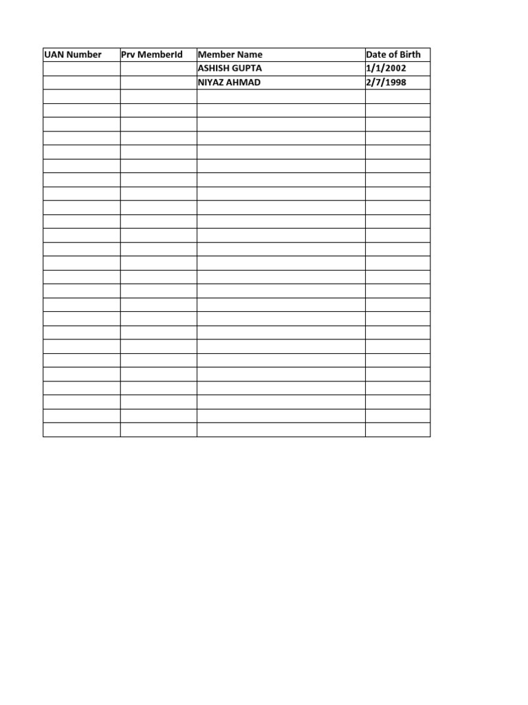 EPF Bulk Registration Excel Format | PDF