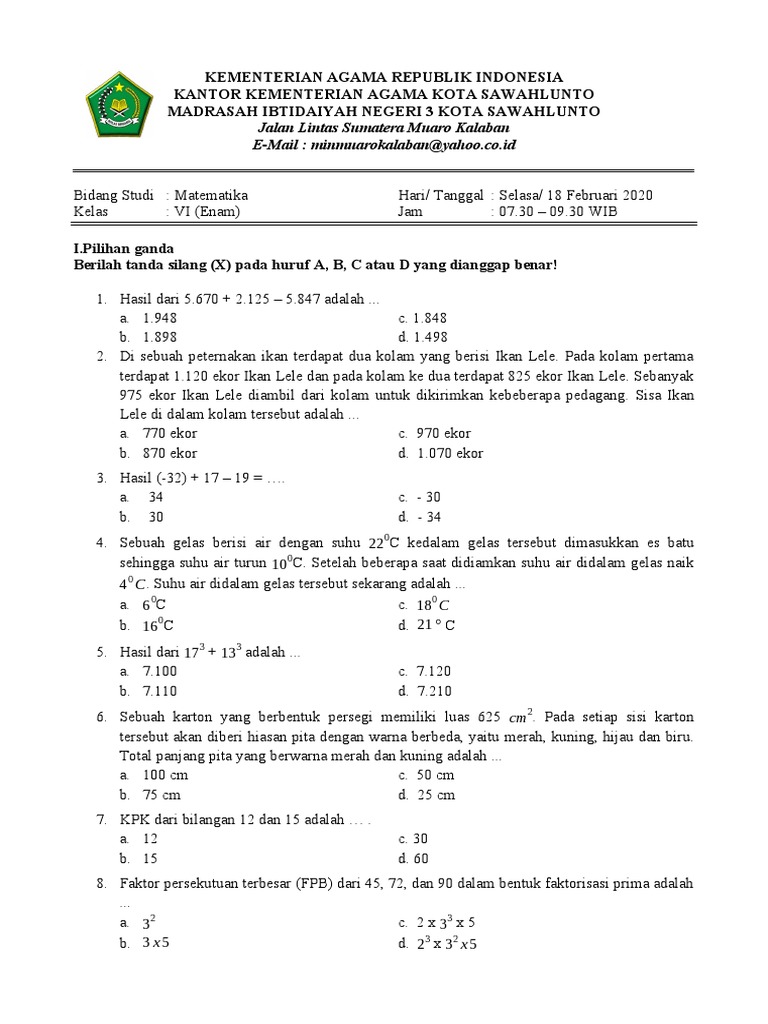 Soal MTK Kelas Vi | PDF