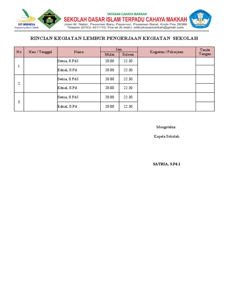 Rincian Kegiatan Lembur Sekolah | PDF