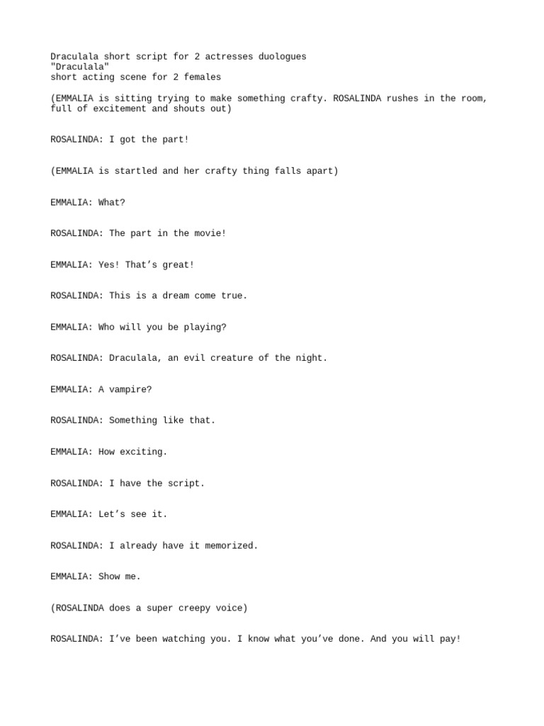 Draculala Short Script For 2 Actresses Duologues | PDF