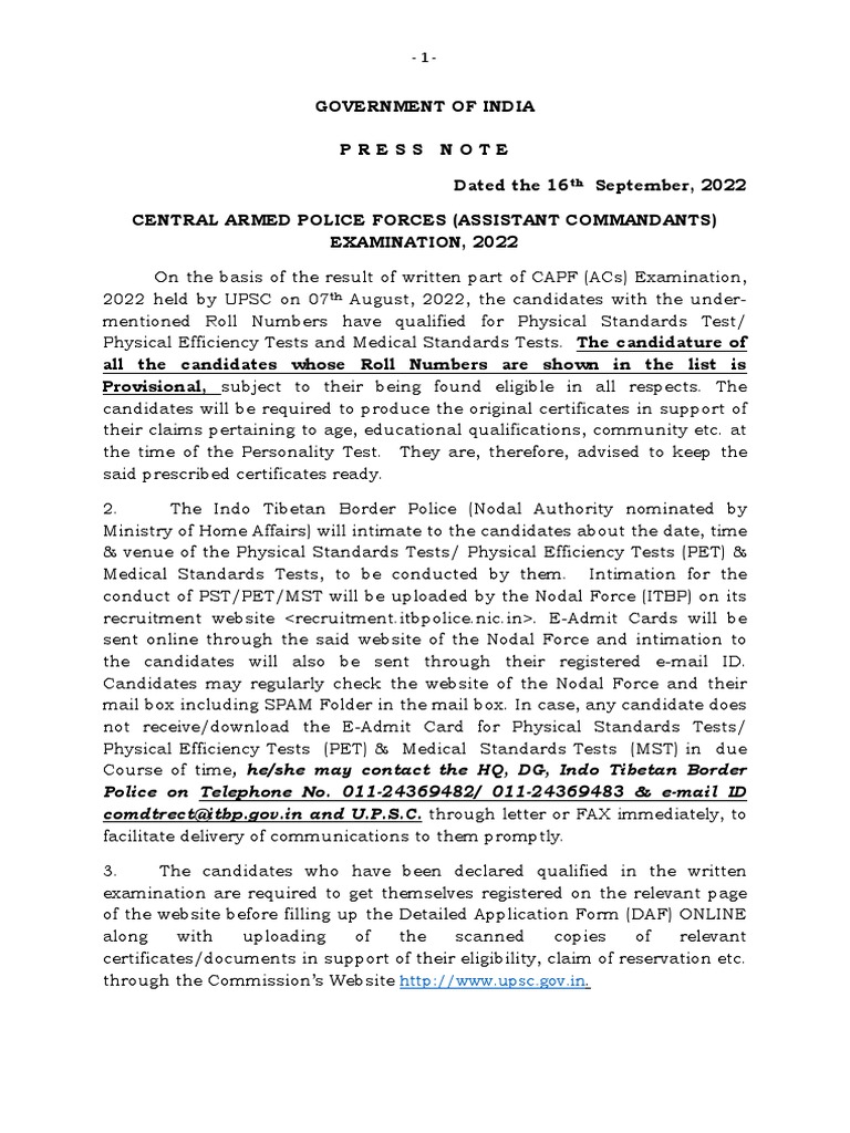 CAPF 2022 Exam Qualified Candidates List | PDF | Government Of India ...