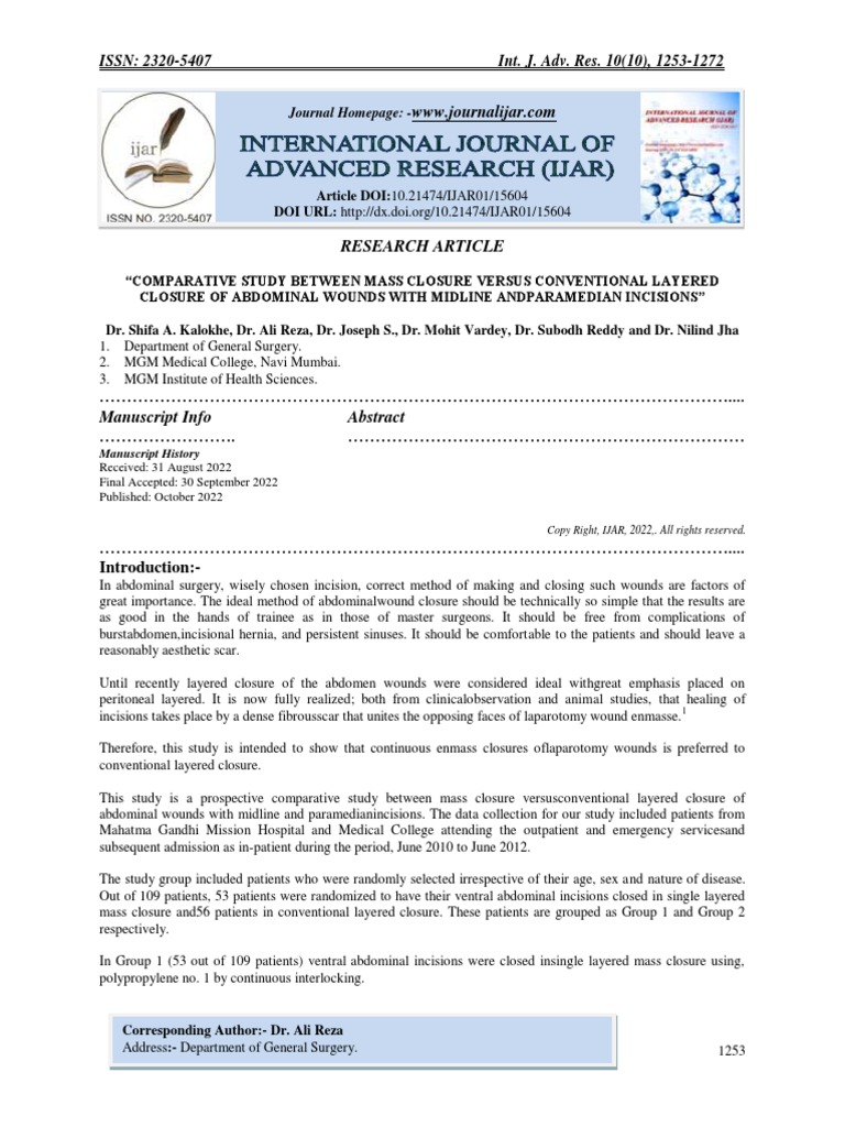 Comparative Study Between Mass Closure Versus Conventional Layered ... Comparative Study Between Mass Closure Versus Conventional Layered ...