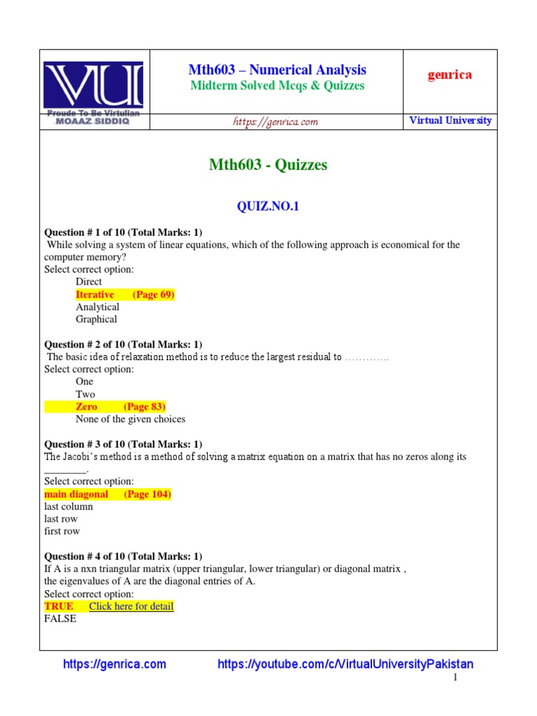 MTH603 - Midterm Solved Mcqs and Quizes by Moaaz | Download Free PDF | Matrix (Mathematics ...
