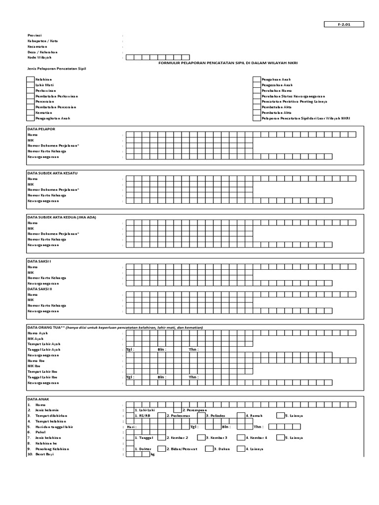F - 2.01 Formulir Pelaporan Pencatatan Sipil Di Dalam Wilayah NKRI | PDF | Hukum